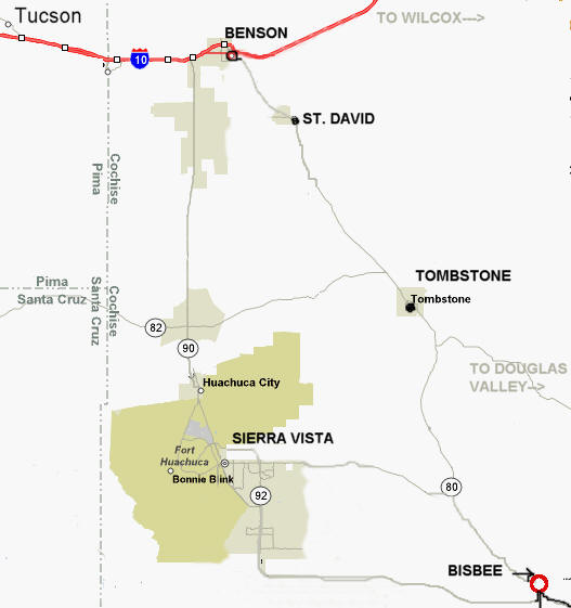 Map from Tucson to Bisbee Az